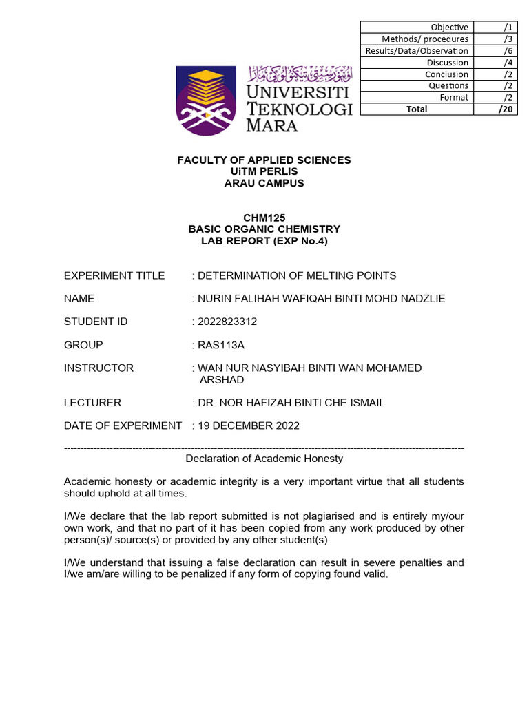 chm125 Lab Report Eks4 | PDF | Melting Point | Solid