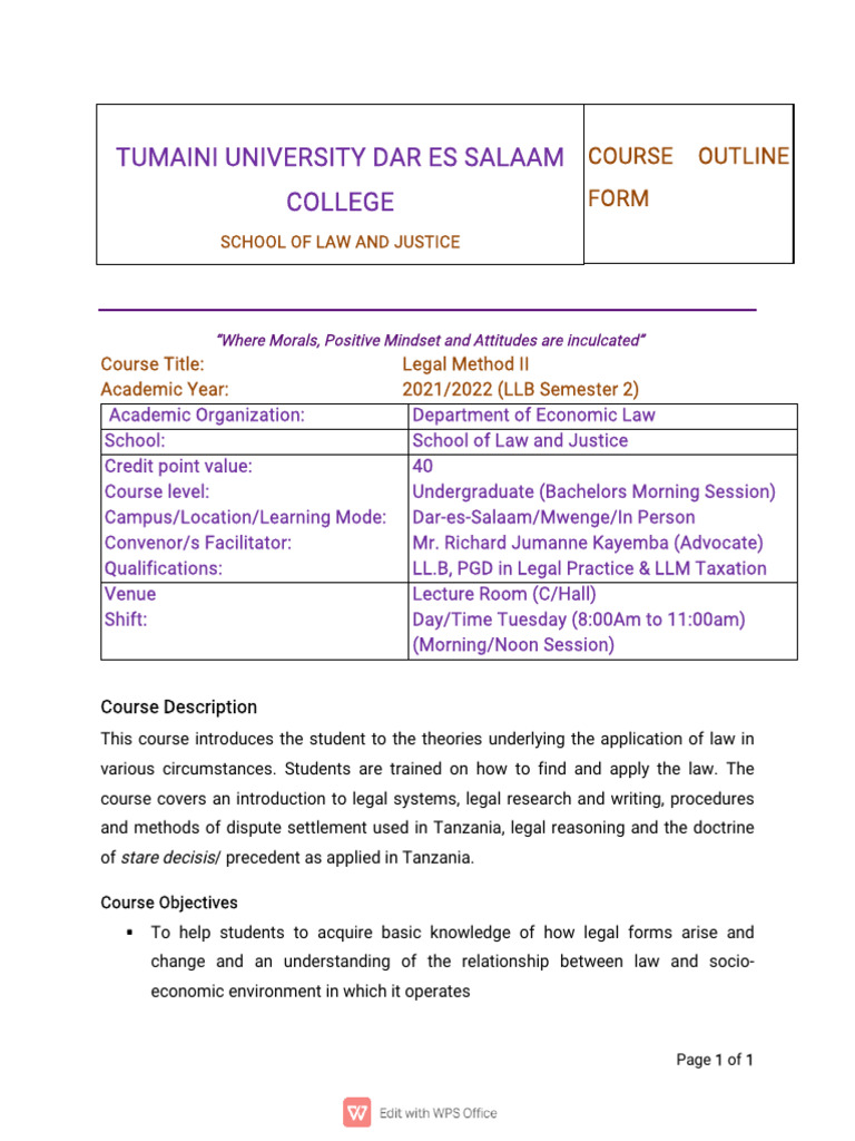 Legal Method II Course Outline (Final Version Second Semester) | PDF