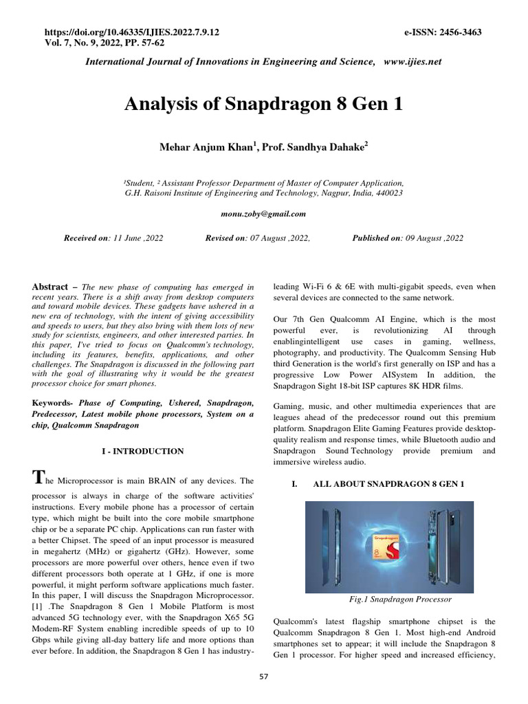 Analysis of Snapdragon 8 Gen 1: Mehar Anjum Khan, Prof. Sandhya Dahake | PDF | Smartphone ...