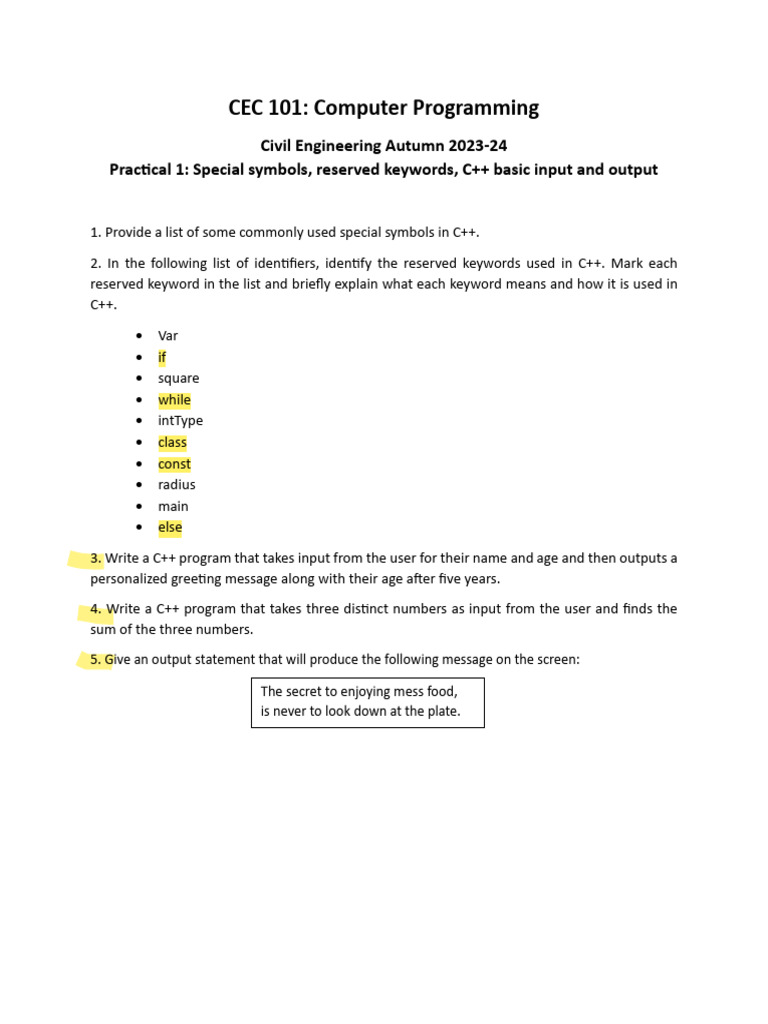 Cec 101 P1 Keywords Symbols Basic Pdf 7041