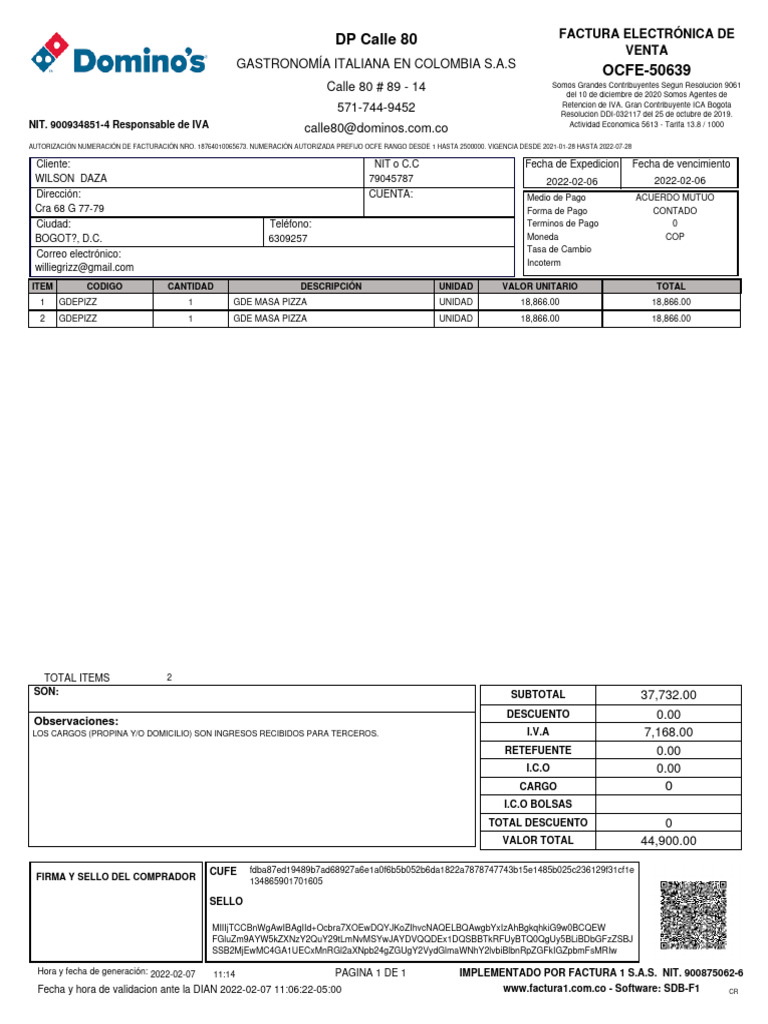 Factura Electrónica Dominos Pizza | PDF | Comercio | Industrias de servicio