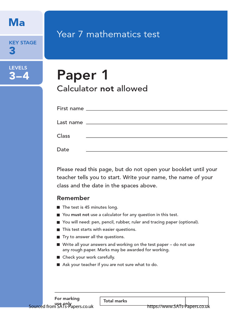 Year 7 Optional 2011 Mathematics Levels 3 4 Paper 1 | PDF | Litre ...