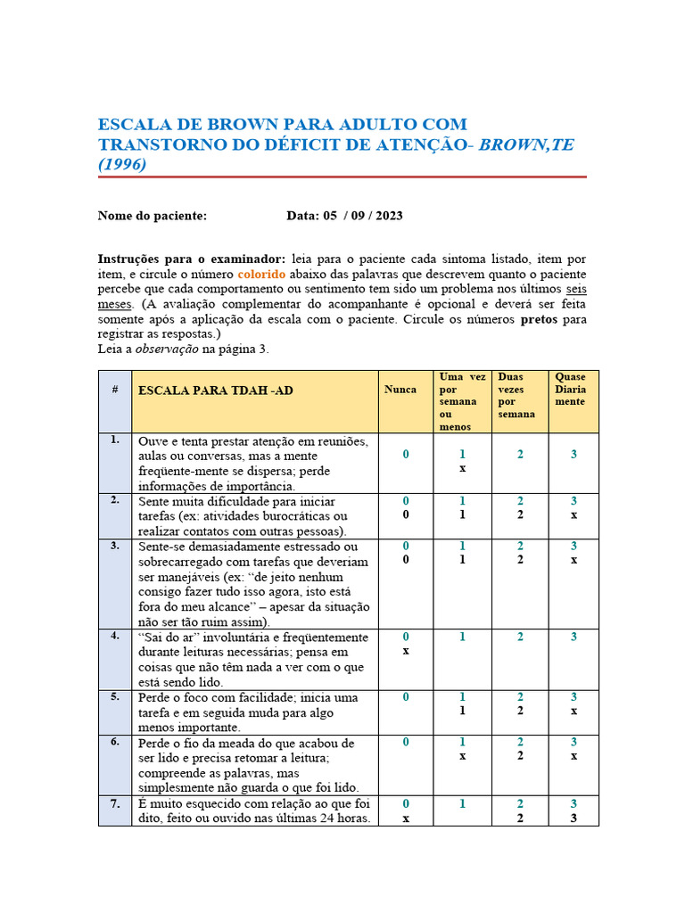 Escala de Brown para Adulto Com Transtorno Do Déficit de Atenção | PDF