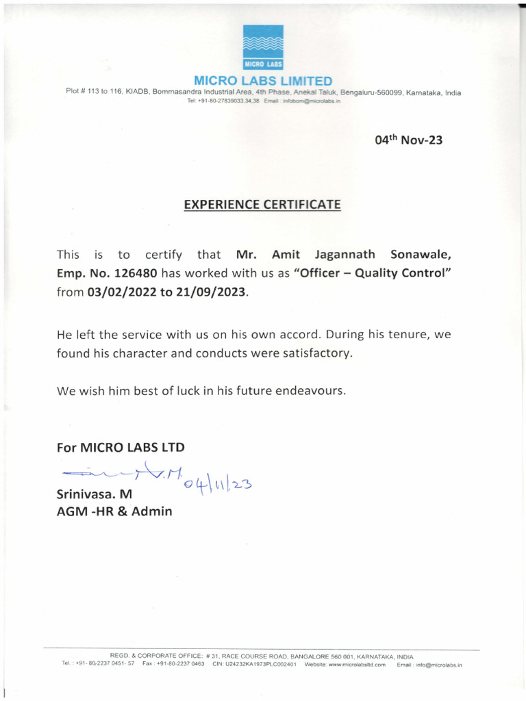 Quality Control Experience Certificate | PDF