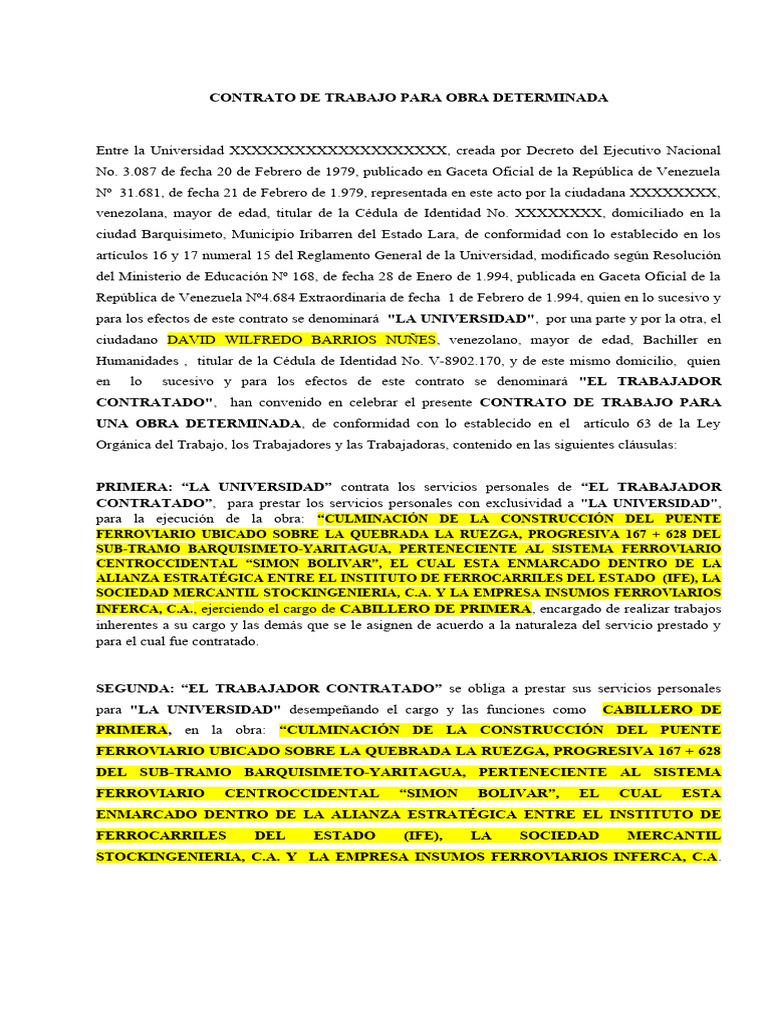 Contrato de Trabajo para Obra Determinada | PDF | Regulación | Venezuela