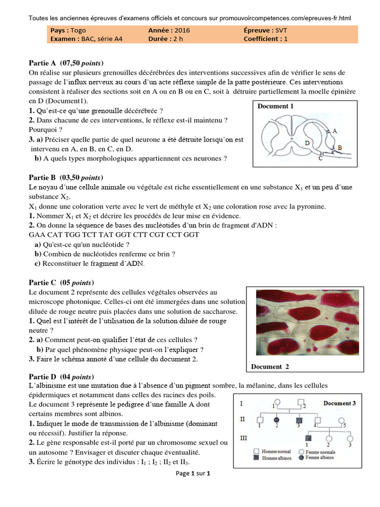 BAC 2016 Togo SVT Série A4 : Réflexes, ADN, Cellules, Albinisme | PDF