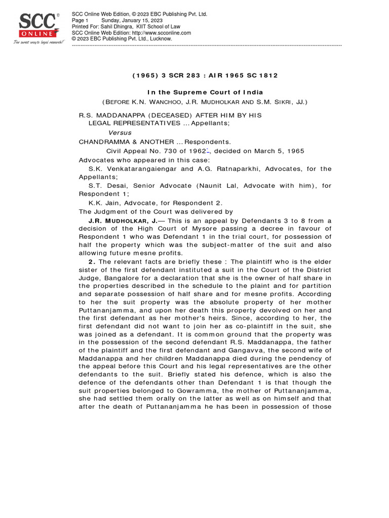 R.S. Madnappa v. Chandramma, AIR 1965 SC 1812 - Estoppel | PDF ...
