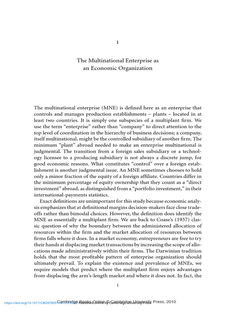 1 Multinational Enterprise As An Economic Organization Pdf Multinational