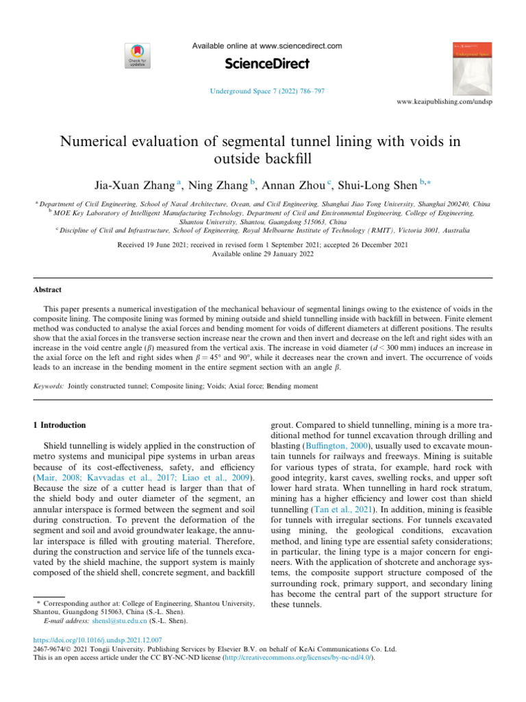 Numerical Evaluation of Segmental Tunnel Lining With Voids - 2022 - Underground | PDF | Art