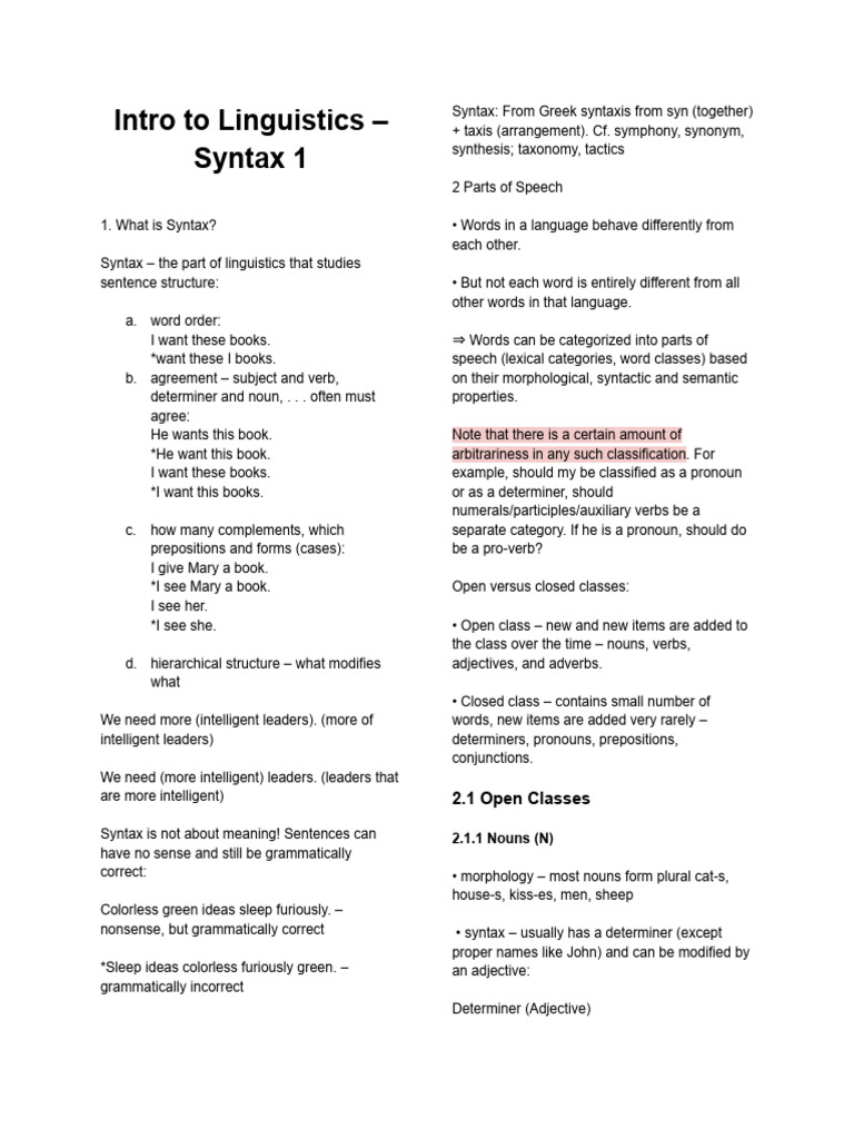 Intro To Linguistics - Syntax 1: 2.1 Open Classes | PDF