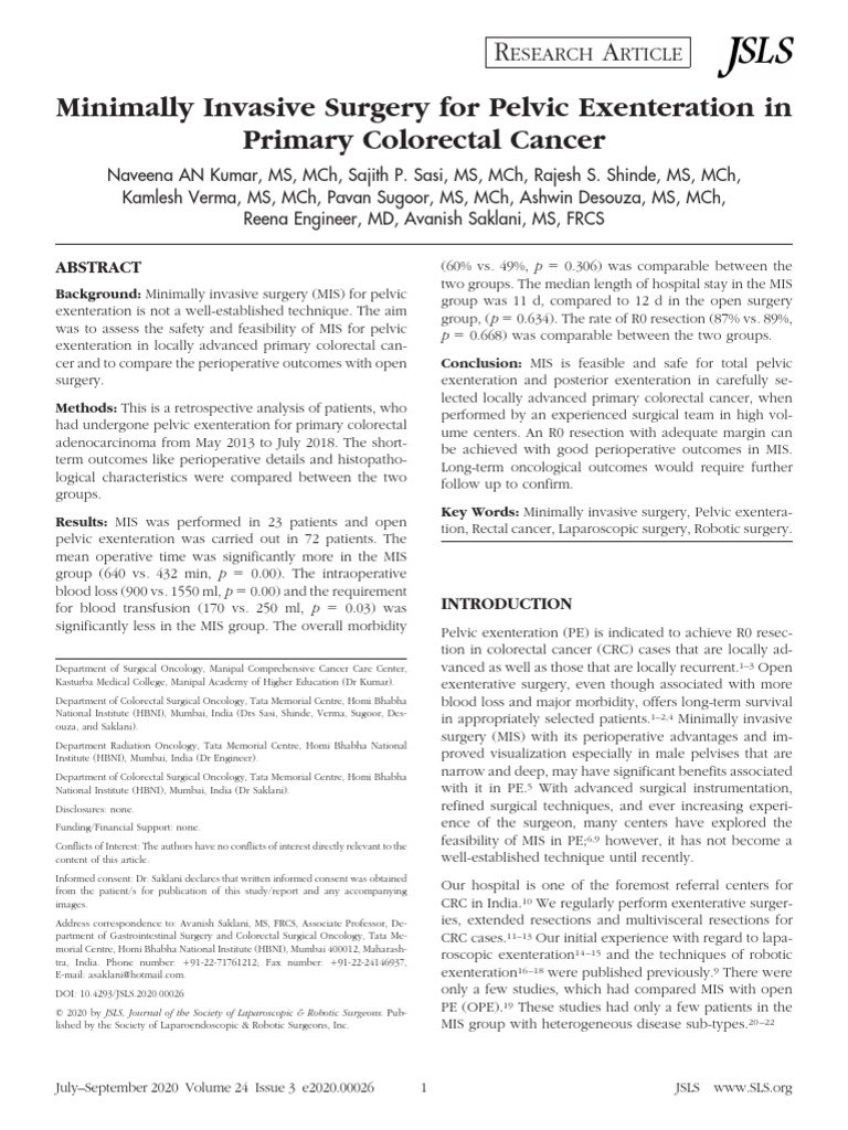 Minimally Invasive Surgery For Pelvic Exenteration in Primary ...