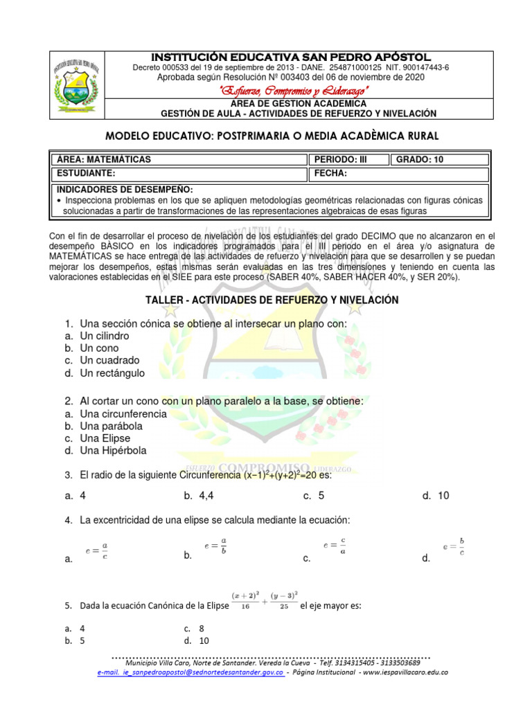 Paquete Nivelacion Iii Periodo Matematicas 10 | PDF | Elipse | Euclides