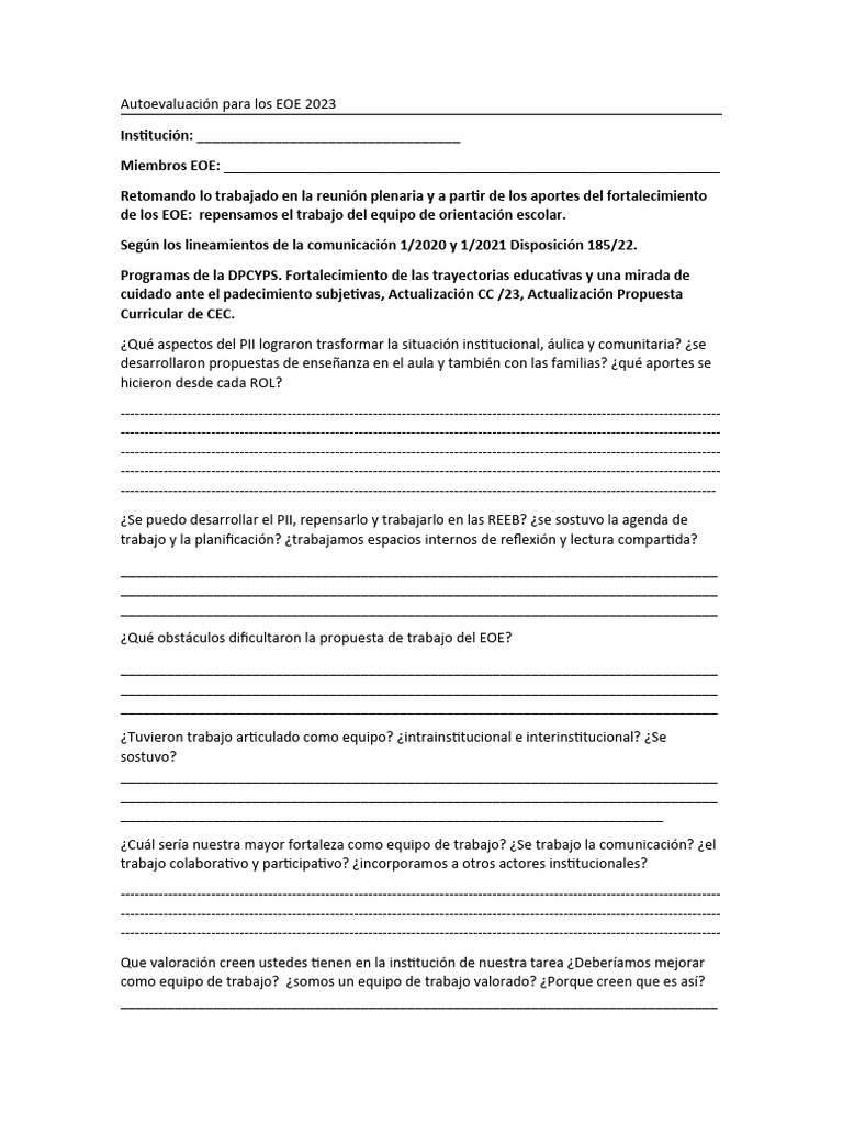 Autoevaluación para Los EOE 2023 | PDF | Aprendizaje