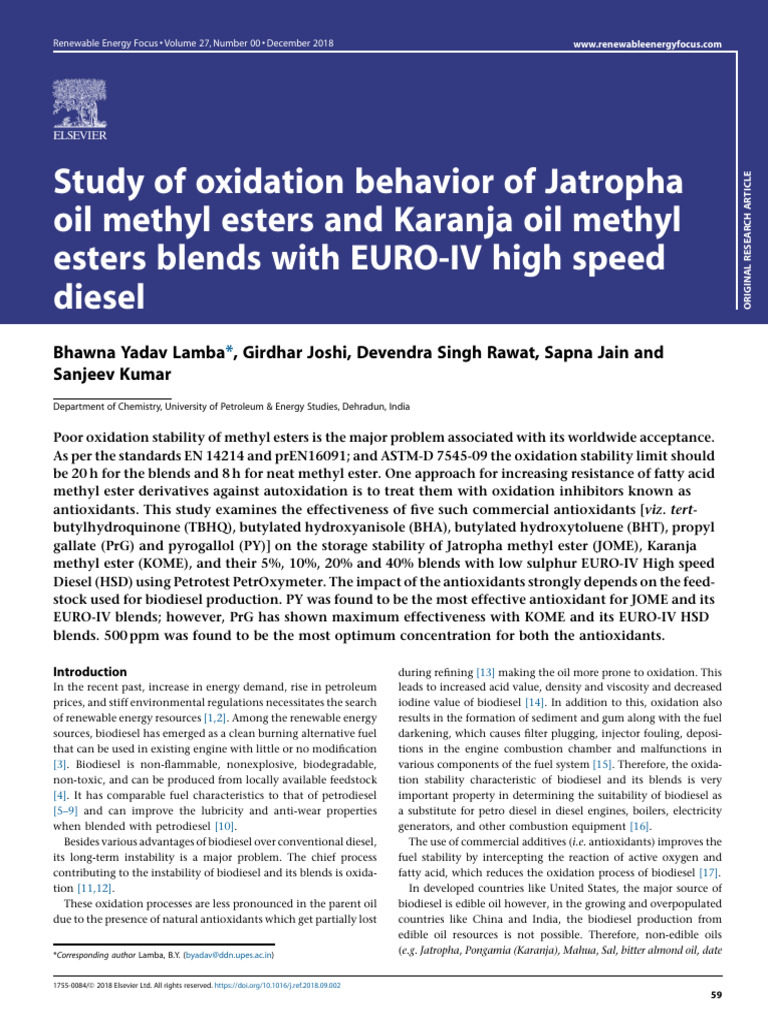 Study of Oxidation Behavior of Jatropha | PDF