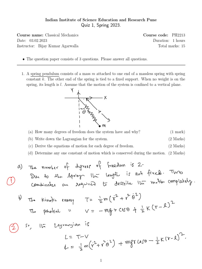 PH2213 Quiz1 2023 Solution | PDF | Lagrangian Mechanics | Scientific Theories