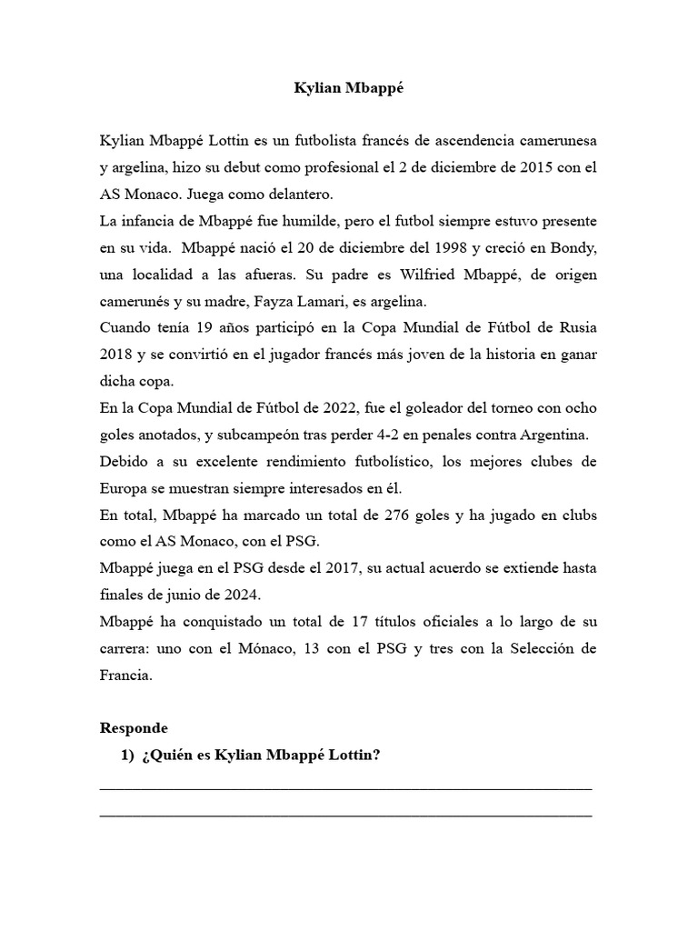 Biografía de Kylian Mbappé Lottin | PDF | Deportes y actividades al ...
