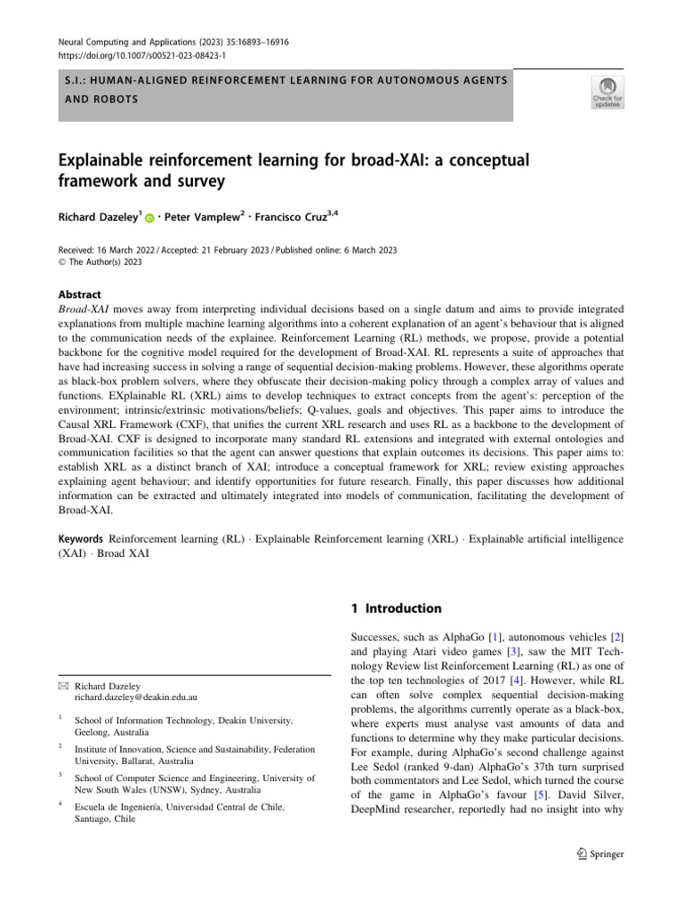 Explainable Reinforcement Learning For broad-XAI: A Conceptual Framework and Survey | PDF