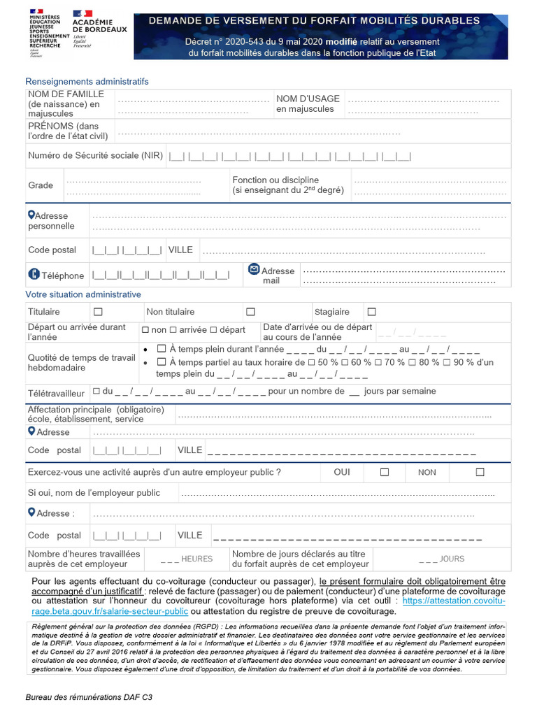 Demande Versement Forfait Mobilite Durable 2022 | PDF