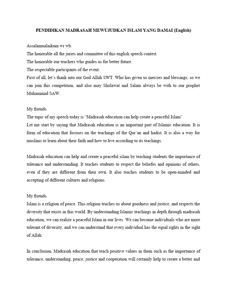 Pidato Inggris PENDIDIKAN MADRASAH MEWUJUDKAN ISLAM YANG DAMAI | Download Free PDF | Religious ...