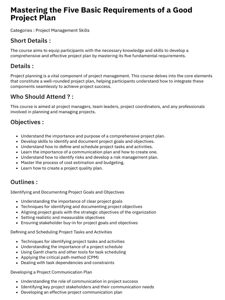 Mastering The Five Basic Requirements of A Good Project Plan | PDF | Project Management | Risk ...