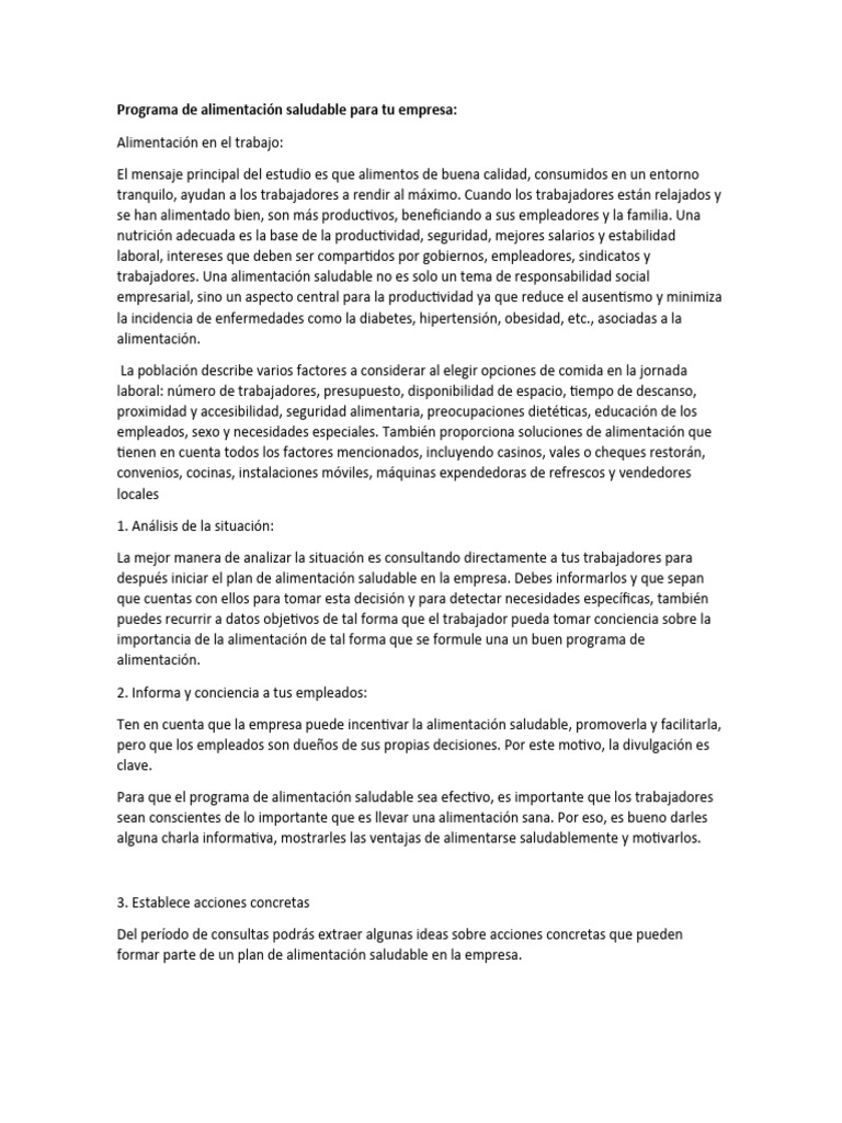 Programa de Alimentación Saludable para Tu Empresa | PDF