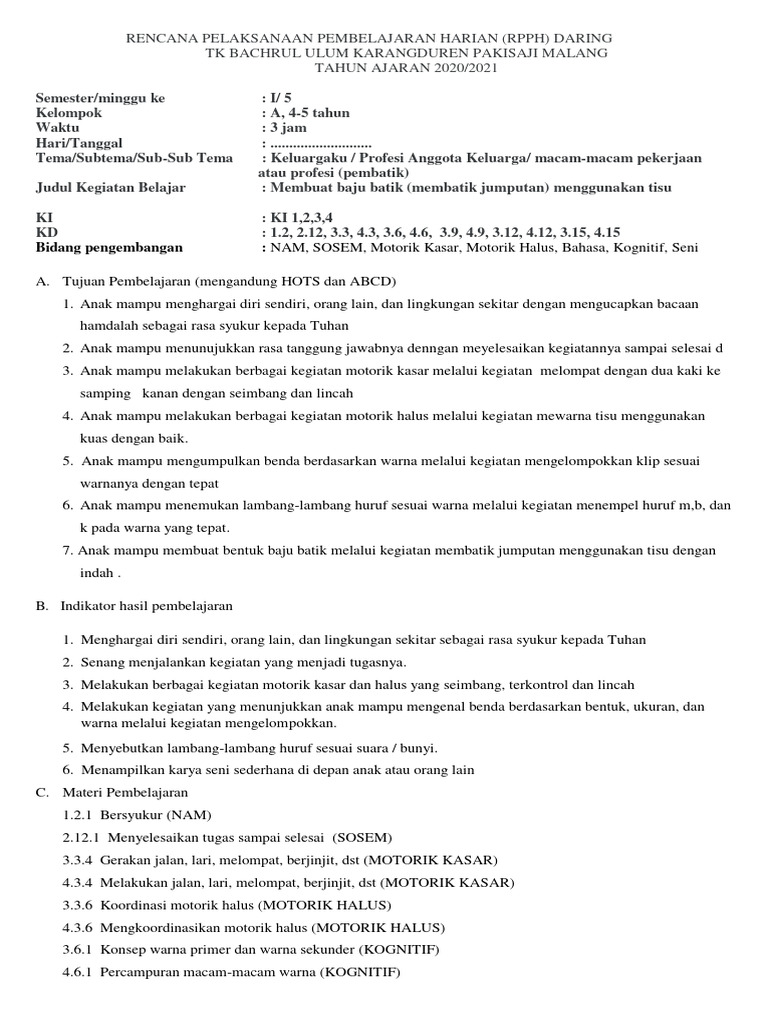 RPPH Paud Tema Keluarga Kelompok A | PDF