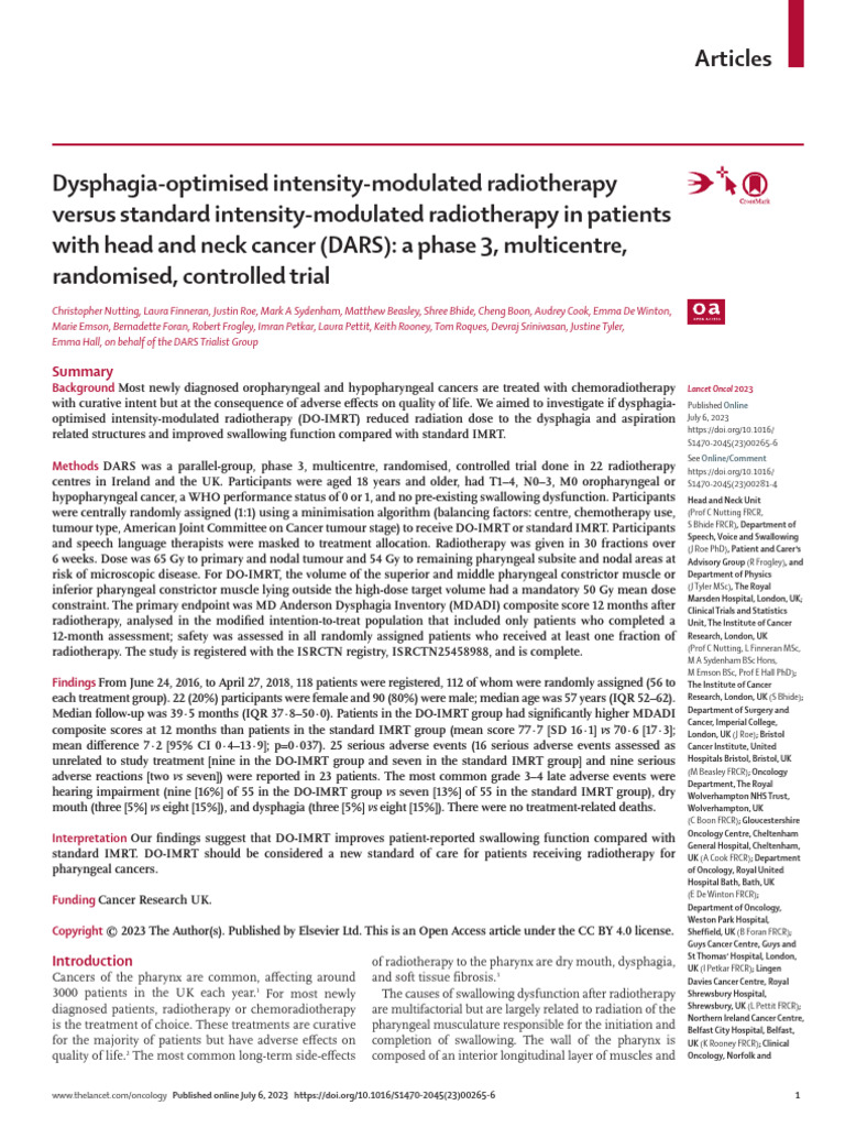 Dysphagia-Optimised Intensity-Modulated Radiotherapy Versus Standard ...
