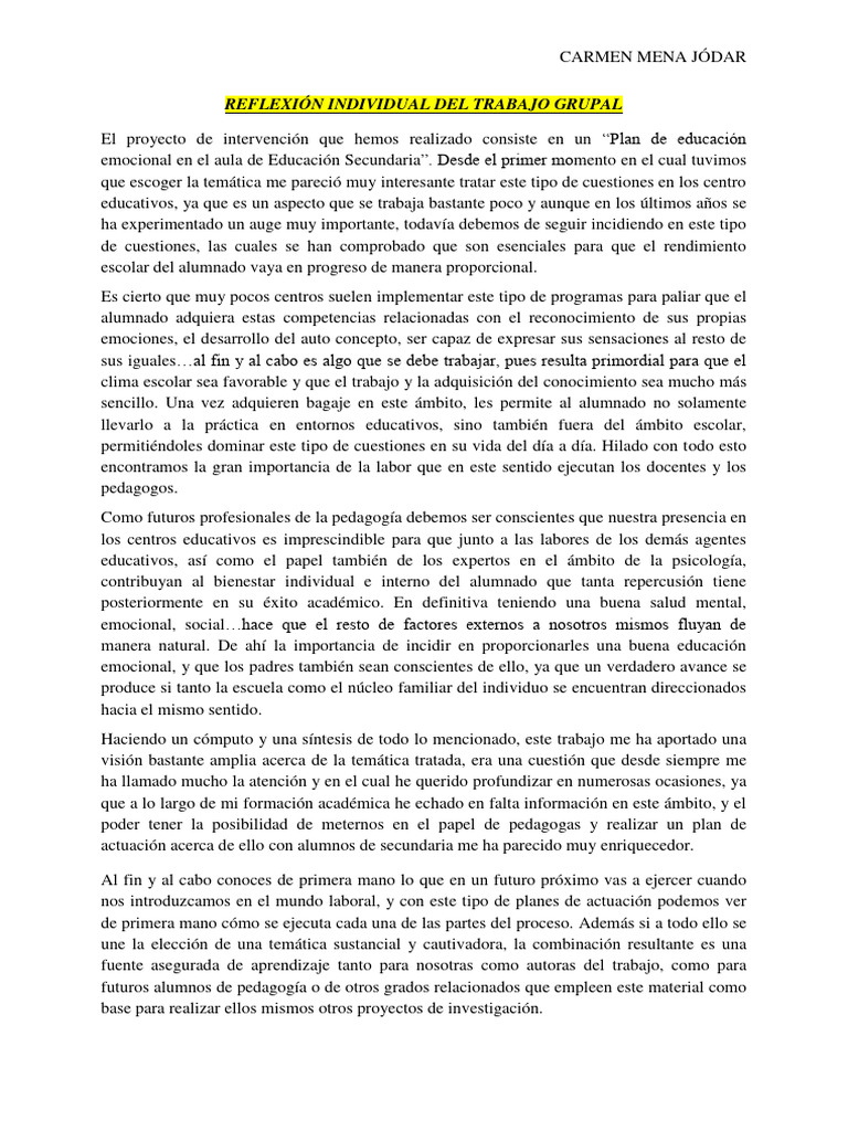 Carmen Mena Jódar - Reflexión Individual Trabjo Grupal | PDF | Las emociones | Mente