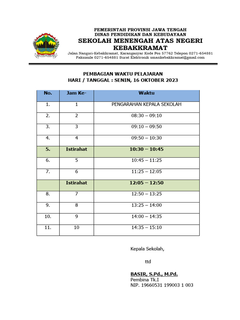 Pembagian Jam Mengajar Senin - 16 Oktober 2023 | PDF