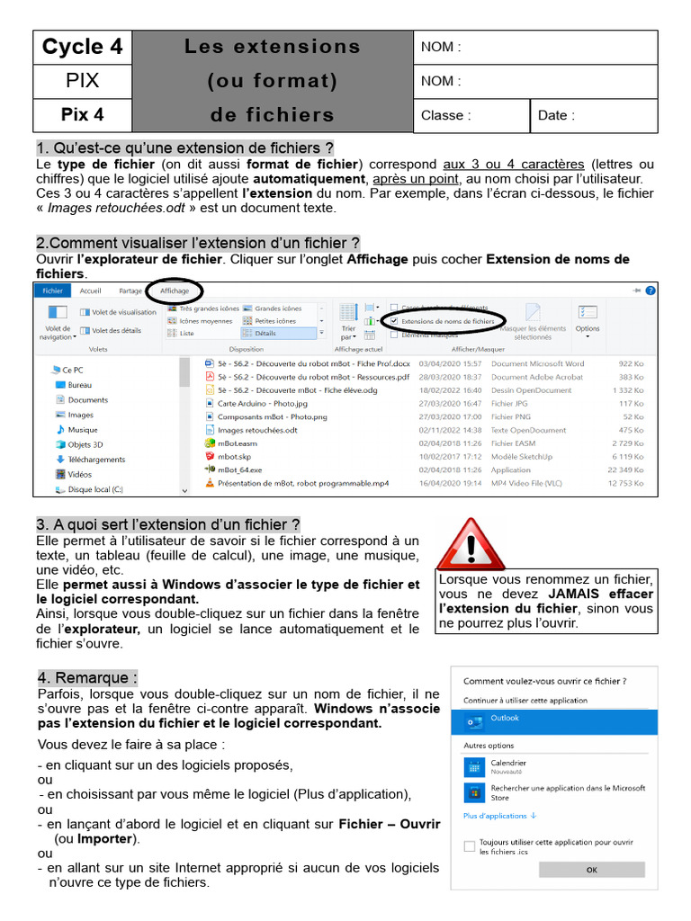 Pix 4 - Les Extensions de Fichiers - Fiche Élève-3 | PDF