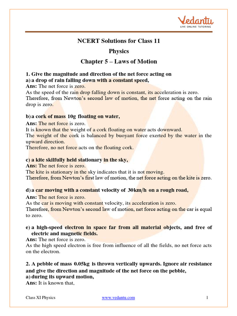 NCERT Solutions For Class 11 Physics Chapter 5 - Law of Motion - . | Download Free PDF | Force ...