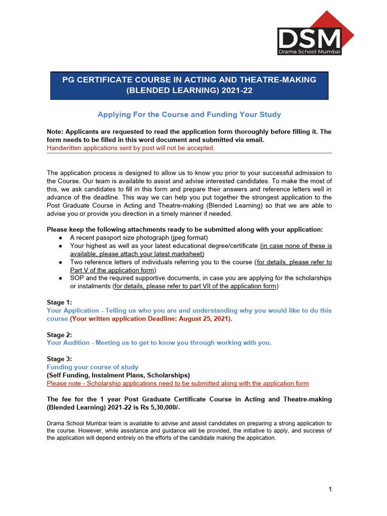 PG Certificate in Acting Application Guide | PDF | Fee