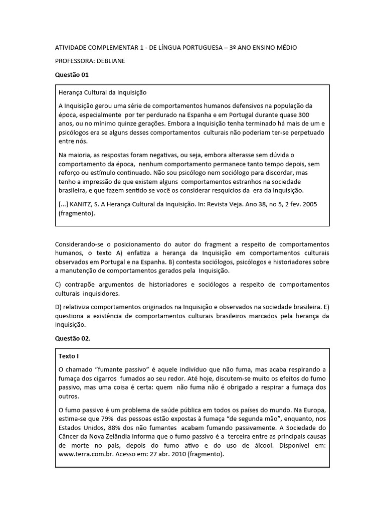 Atividade Complementar 1 Terceiro Ano | PDF