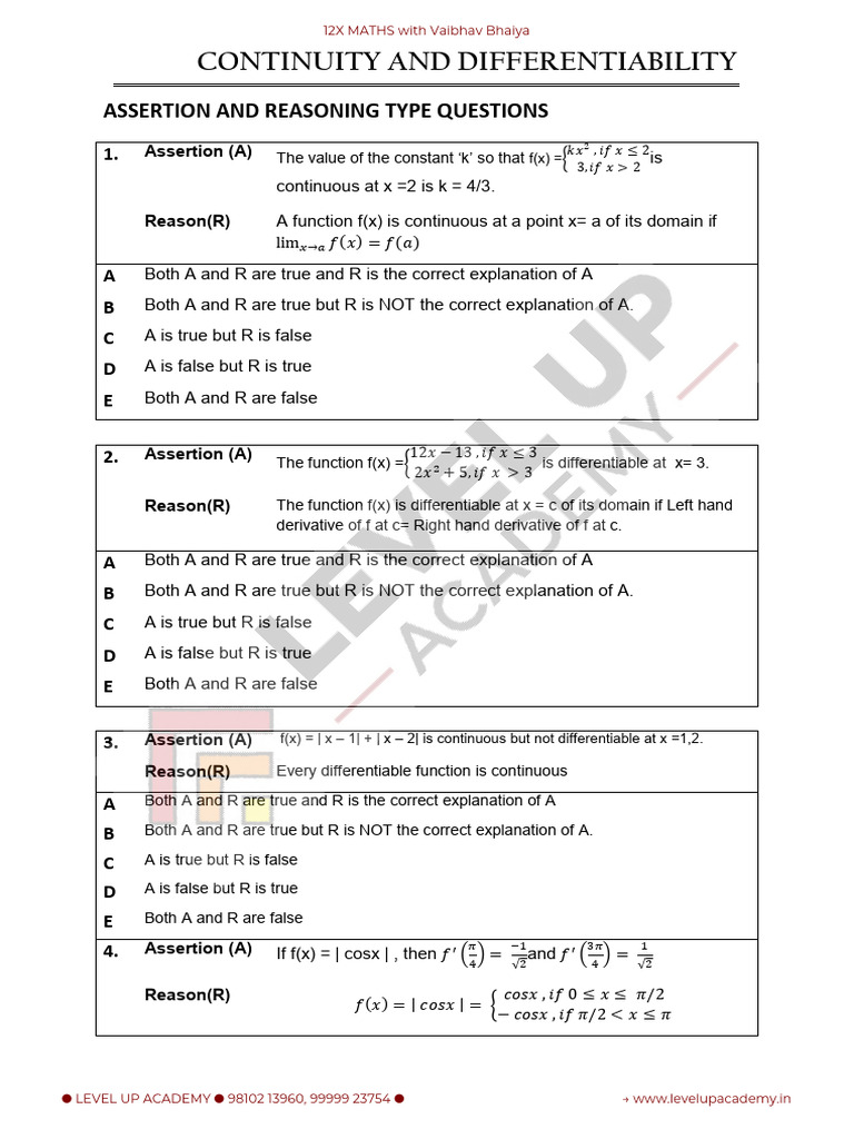 12XM ARMCQ - Continuty and Differentiability CBSE | PDF | Function (Mathematics) | Derivative