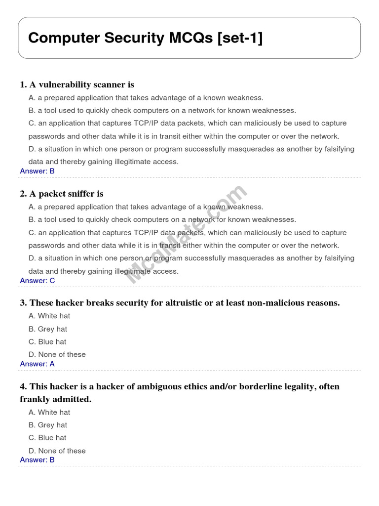Computer Security Solved MCQs [set-1] McqMate.com | PDF | Security Hacker | Computer Virus