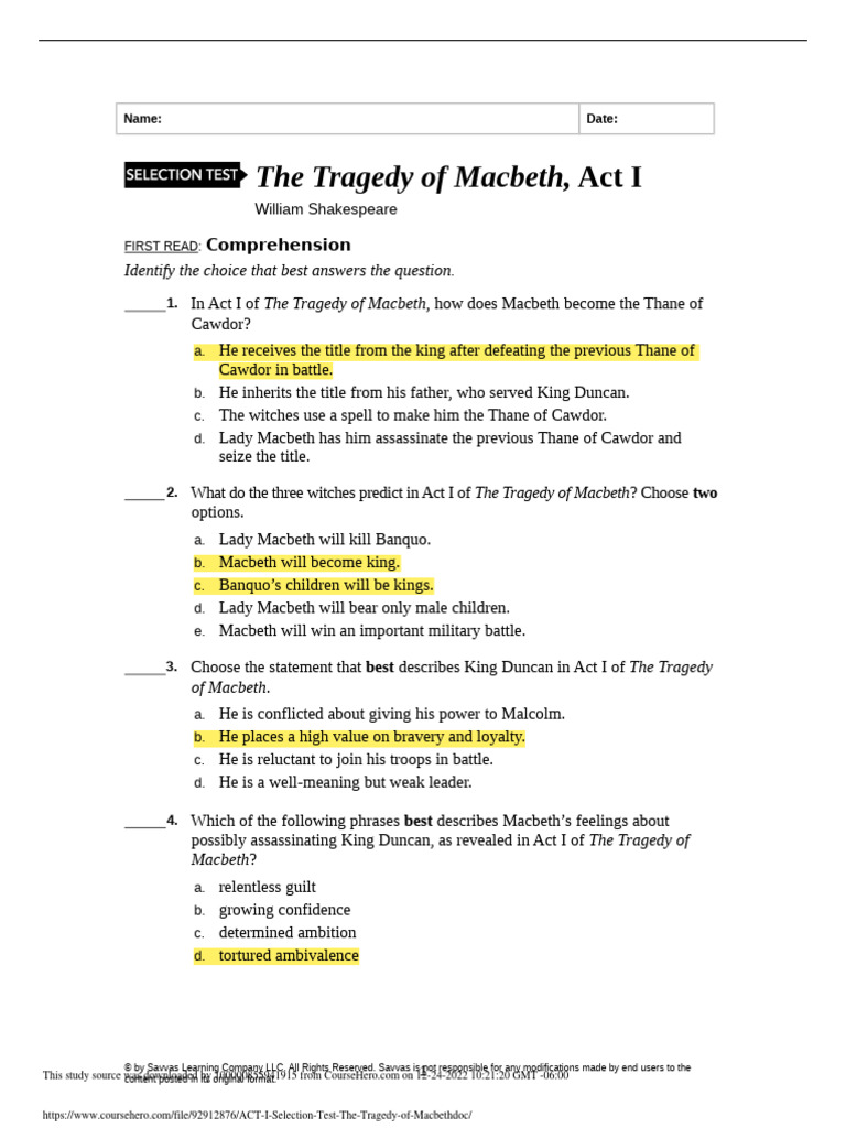 ACT I Selection Test The Tragedy of Macbeth | PDF | Macbeth