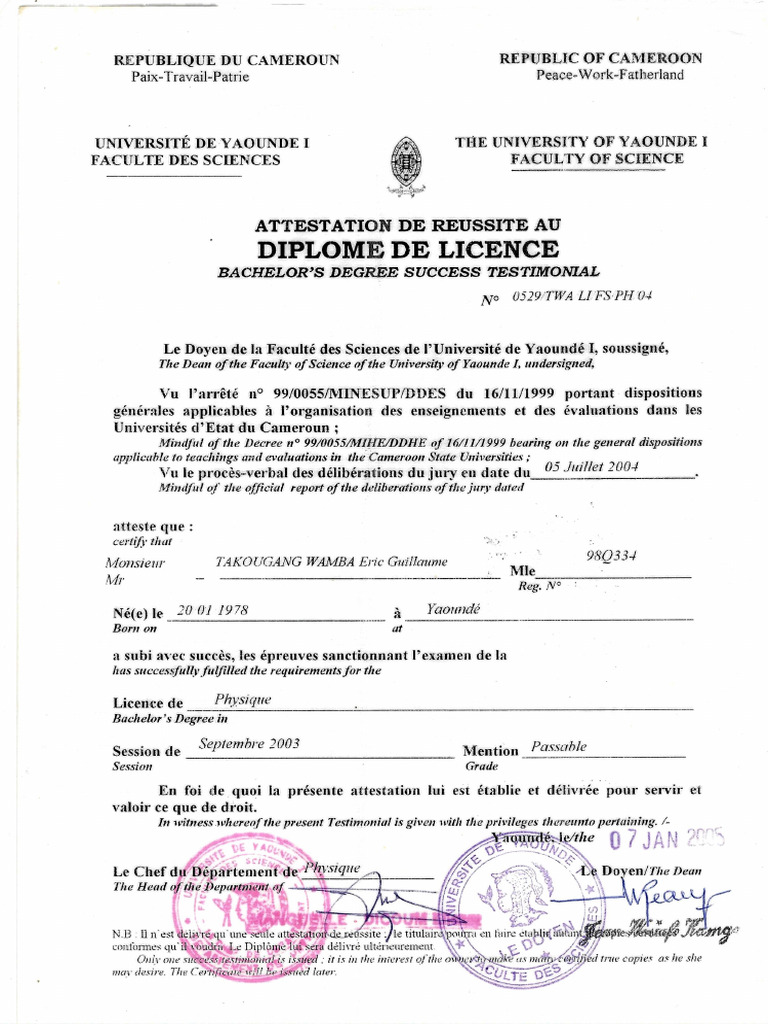Attestation Diplome Licence en Physique | PDF