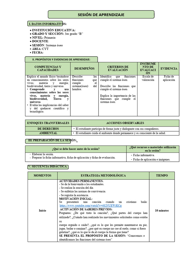 Sesión De Aprendizaje N 13 Sistema Oseo C Y T Pdf