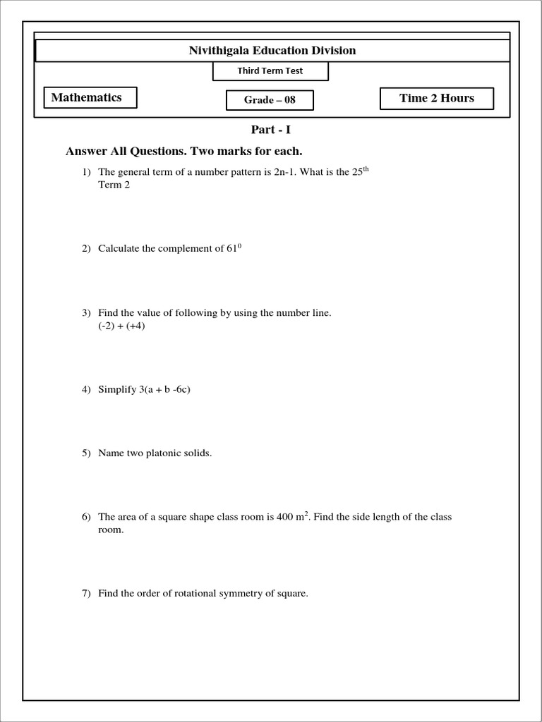 2019 Grade 08 Maths Third Term Paper English Medium Niwithigala ...