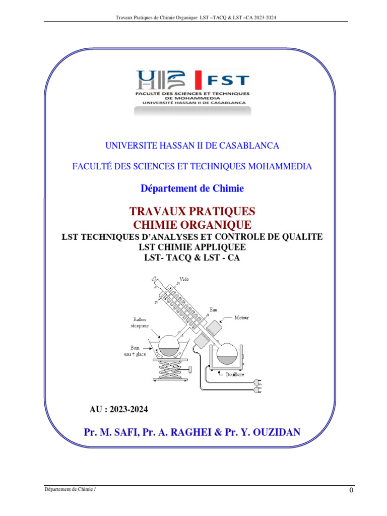 Fascicule TP CH Orga LST - TACQ-CA. Pr. SAFI Mohamed | PDF