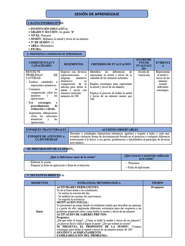 Sesión de Aprendizaje N°11 - Hallamos La Mitad y Tercia de Un Número ...