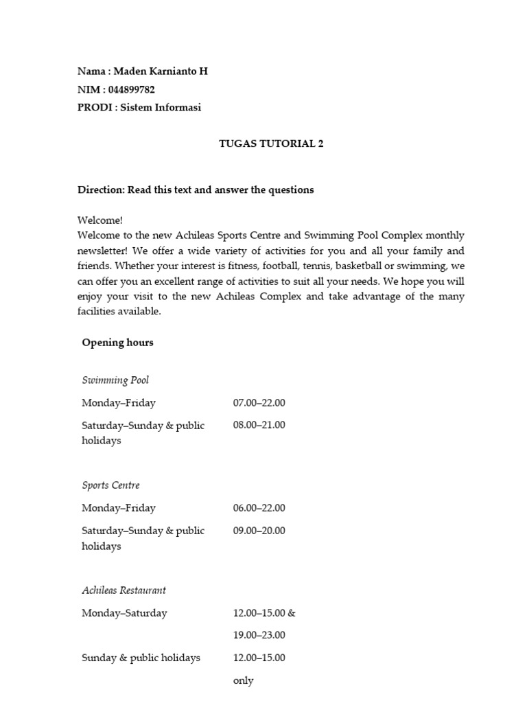 Tugas Tutorial 2. BING 4102 | PDF | Physical Fitness | Workweek And Weekend