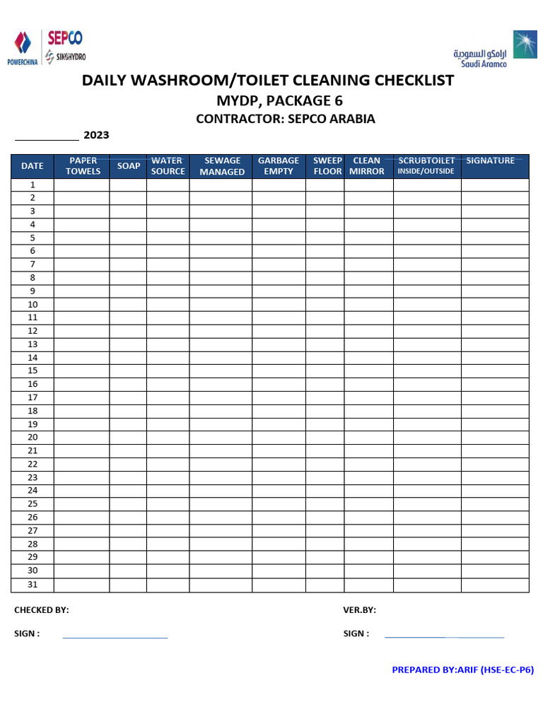 Toilet Washroom Cleaning Checklist PDF