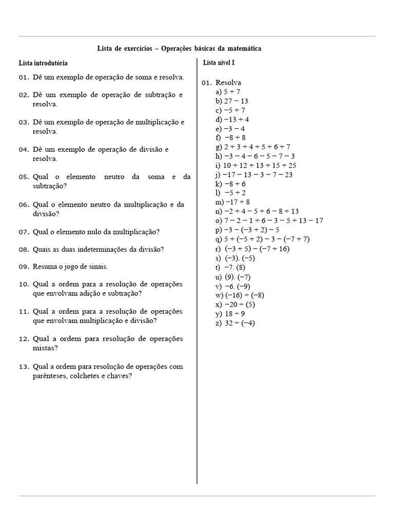 Lista de Exercicios Operacoes Basicas Da Matematica. | PDF | Matemática ...