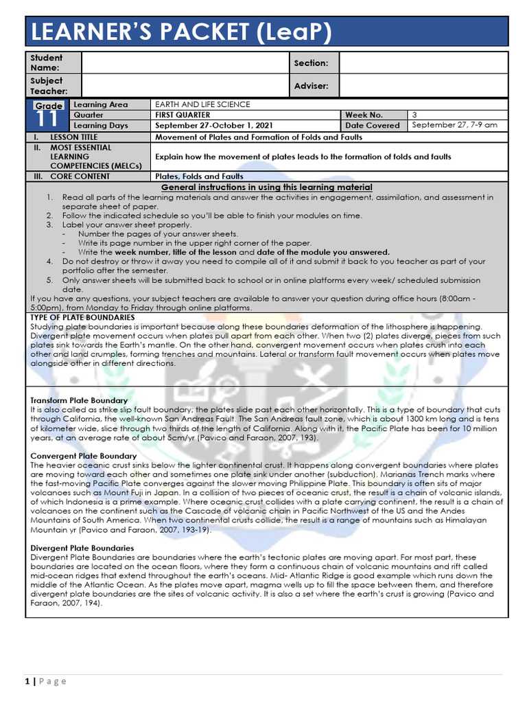 Week 3 Earth and Life Science Leap | PDF | Plate Tectonics | Geology