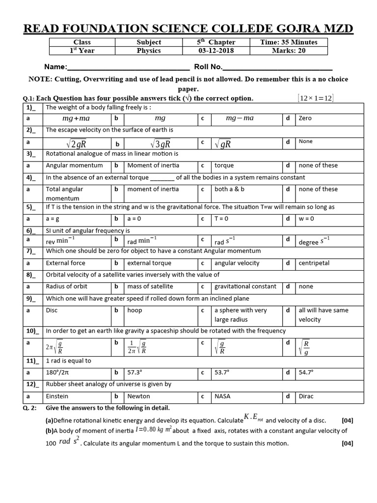 1st - Year Physics Chapter Number 4 and 5 | PDF | Torque | Angular Momentum