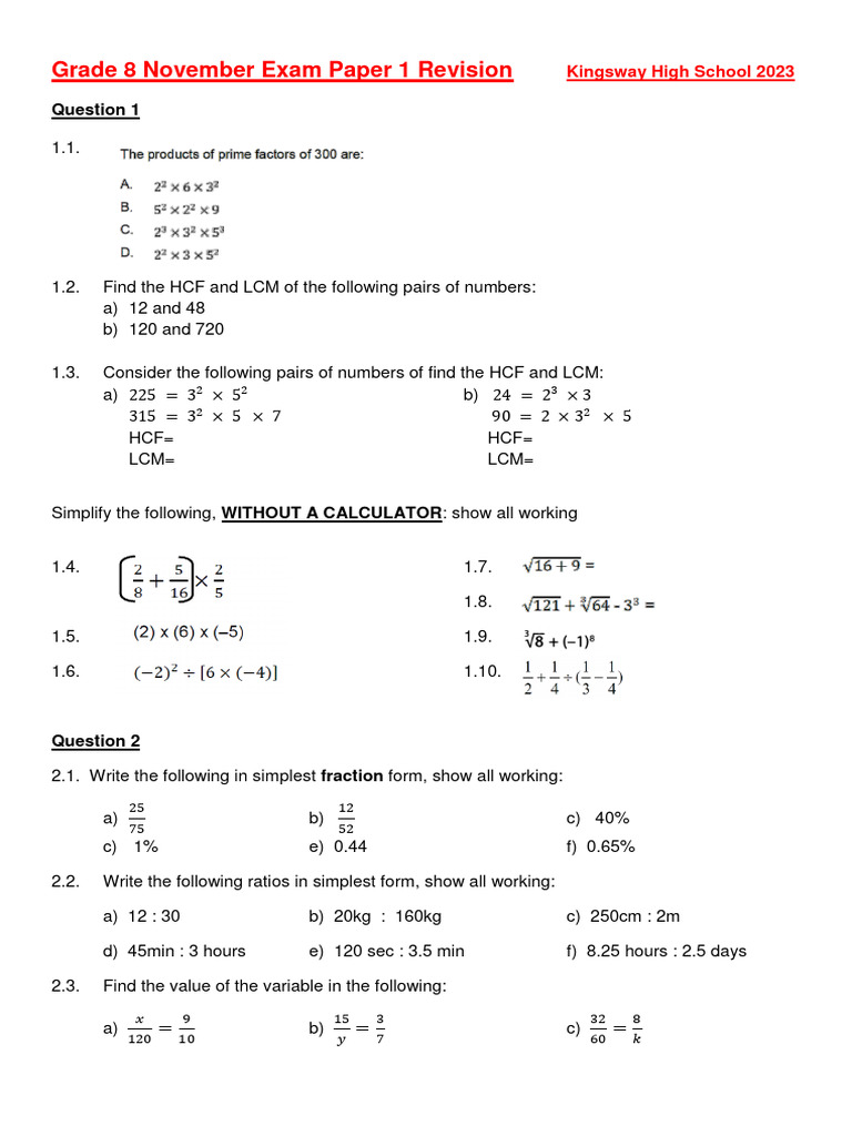 Grade 8 November Exam Paper 1 Revision | PDF