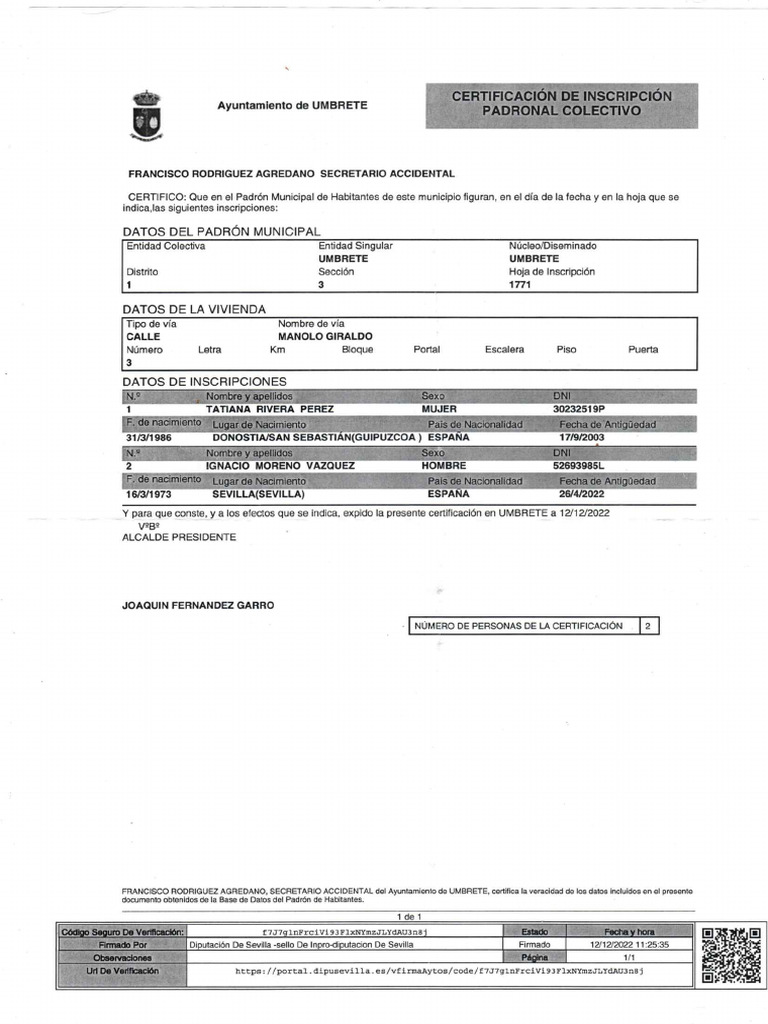 Certificado de Inscripcion Padronal Colectivo | PDF