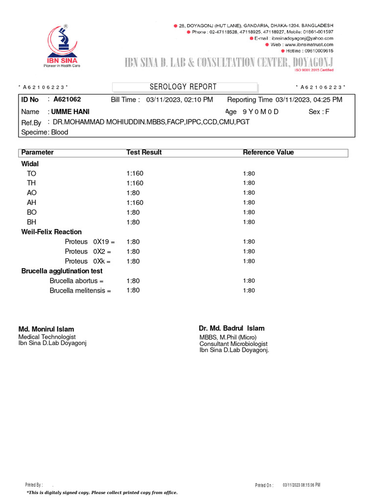 Serology Report: A621062 Id No Umme Hani | PDF