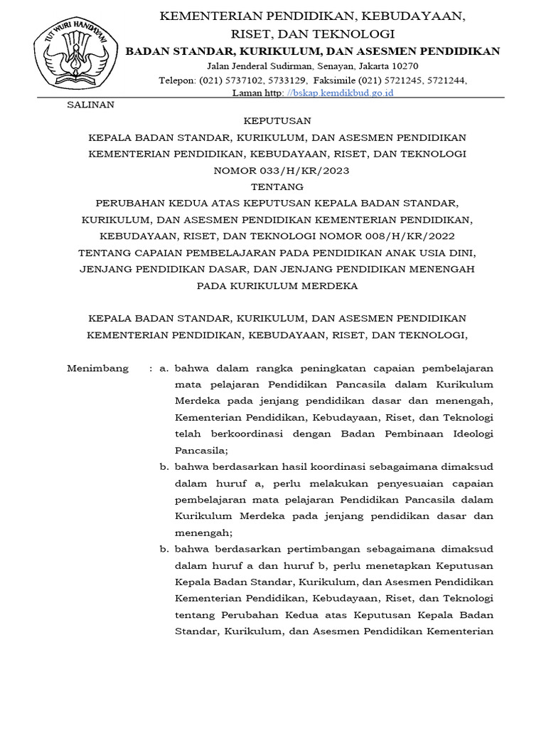 Keputusan Bskap Nomor 33 Tahun 2023 Ok | PDF